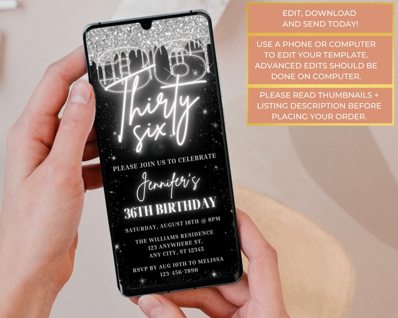 Digital 36th Birthday Party Invitation Electronic Phone Text - Etsy