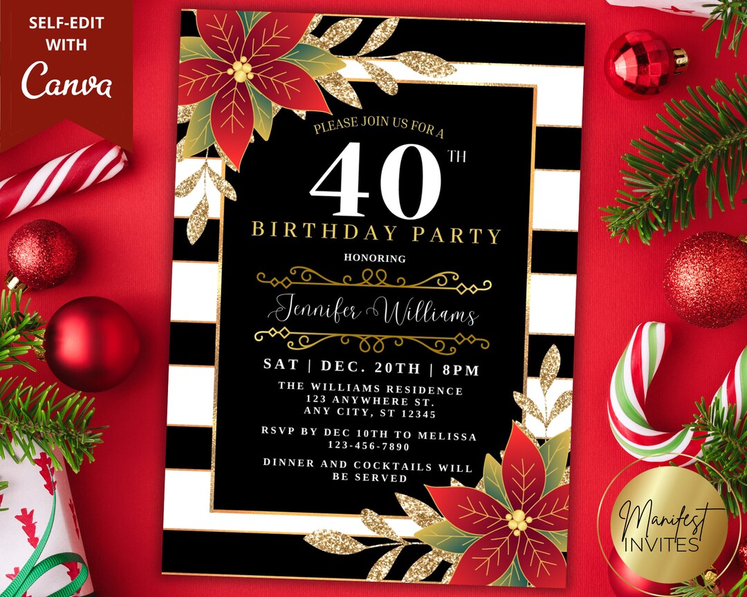 Editable Elegant Poinsettia Birthday Christmas Holiday Winter Party ...