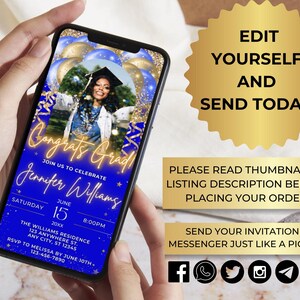 Digital Graduation Party Photo Invitation, Royal Blue Gold Balloons ...