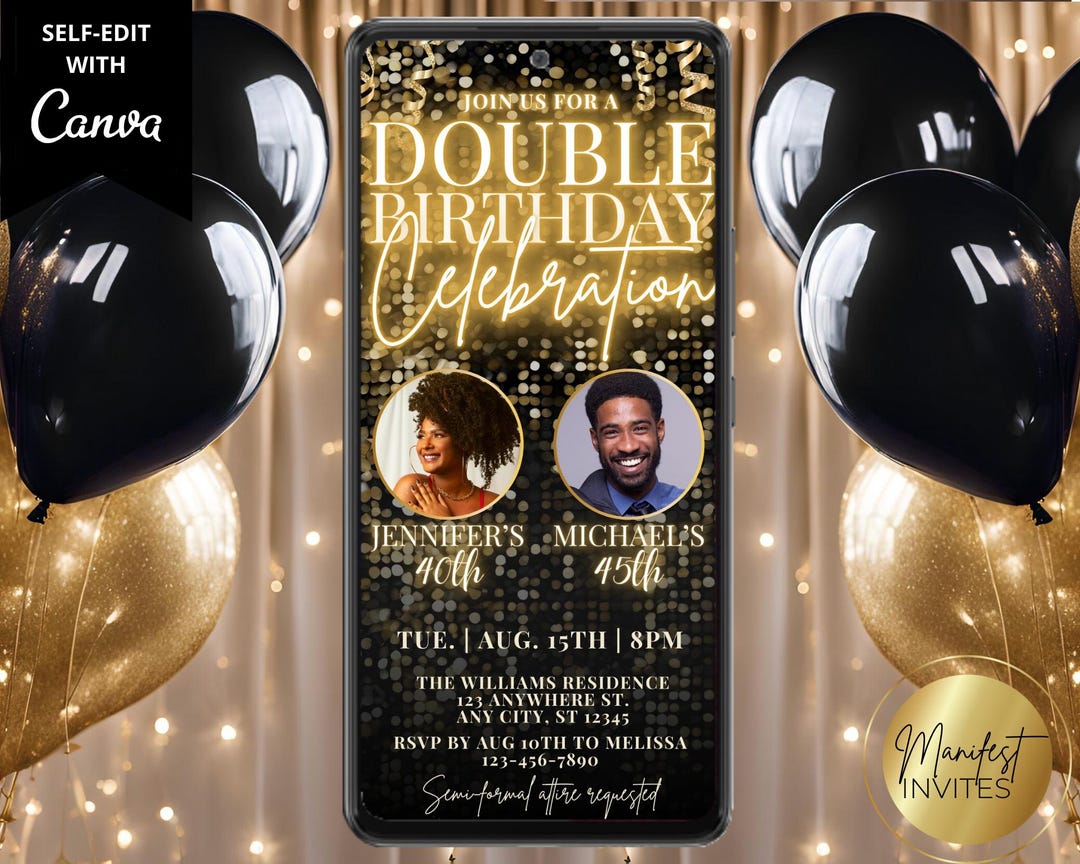 Digital Elegant Double Birthday Party Photo Invitation, Black Gold ...