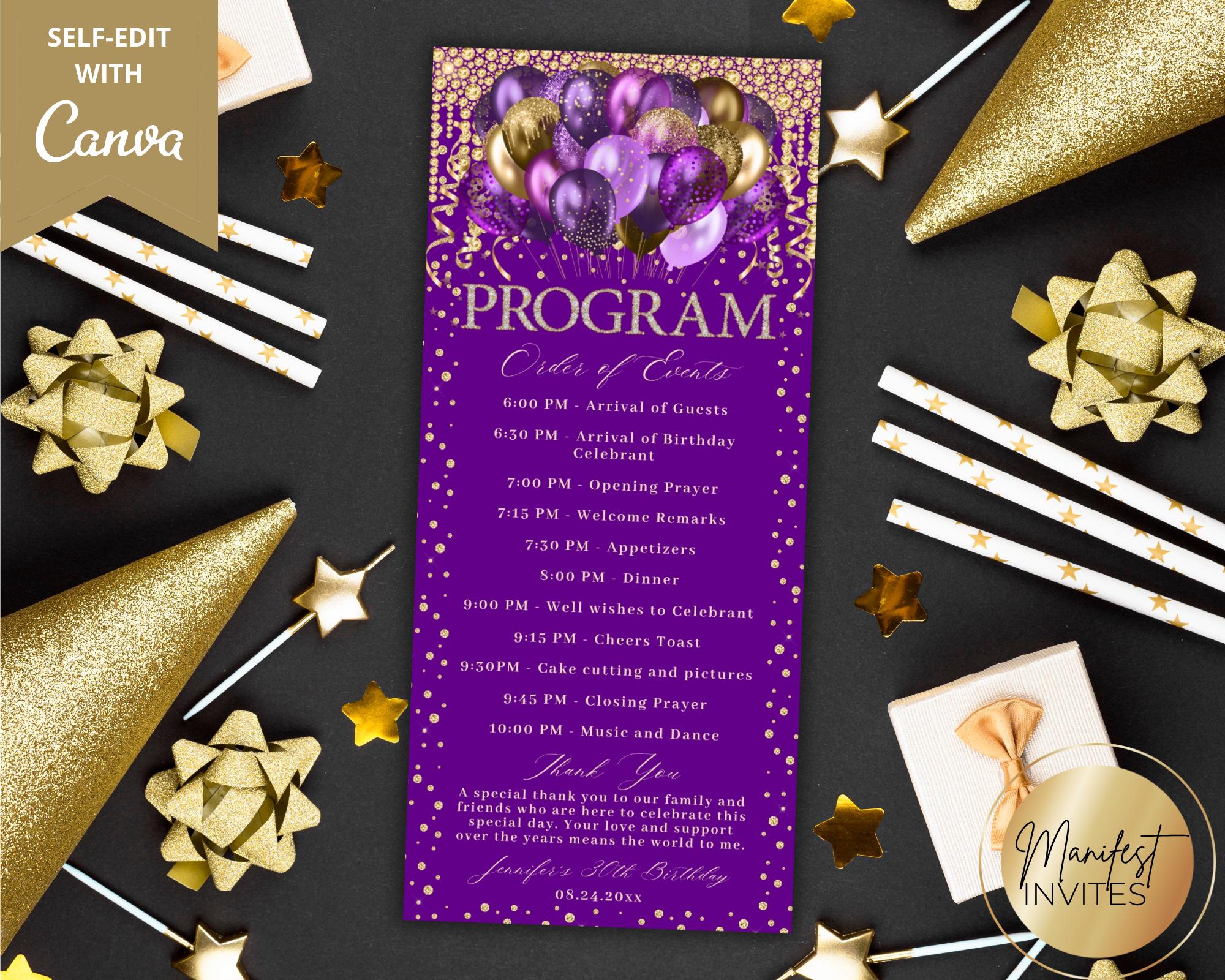 Editable Glam Purple Gold Glitter Balloons Diamond Program and Thank ...