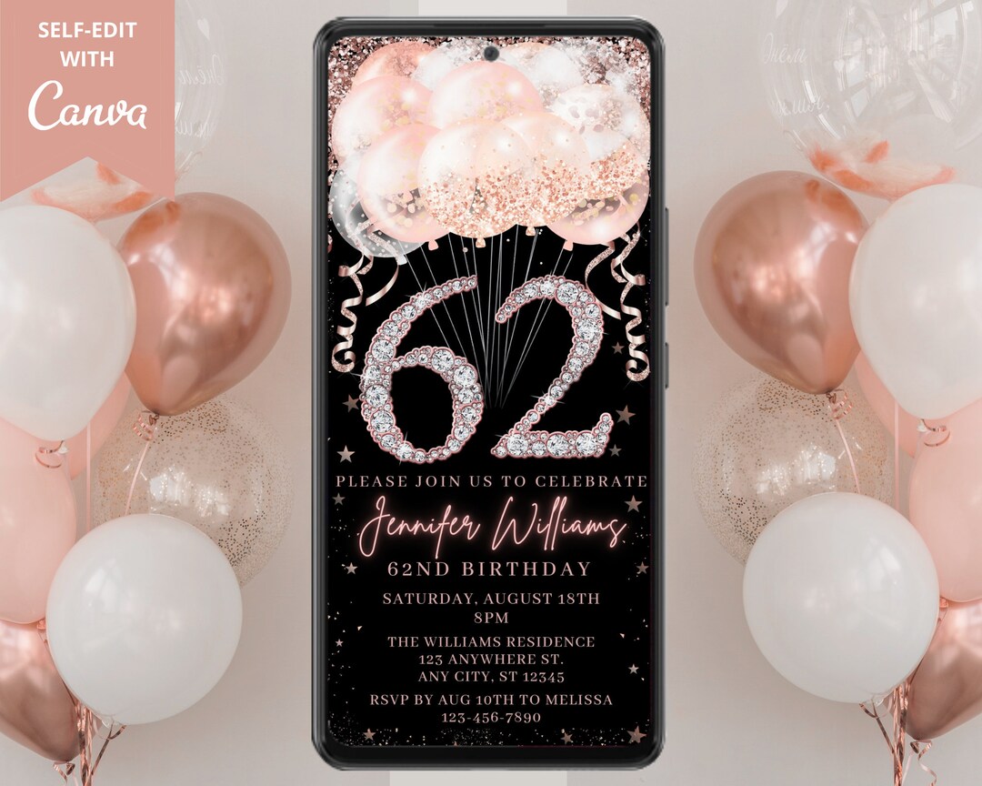 Digital 62nd Birthday Pink Rose Gold Diamond Balloons Party Invitation ...