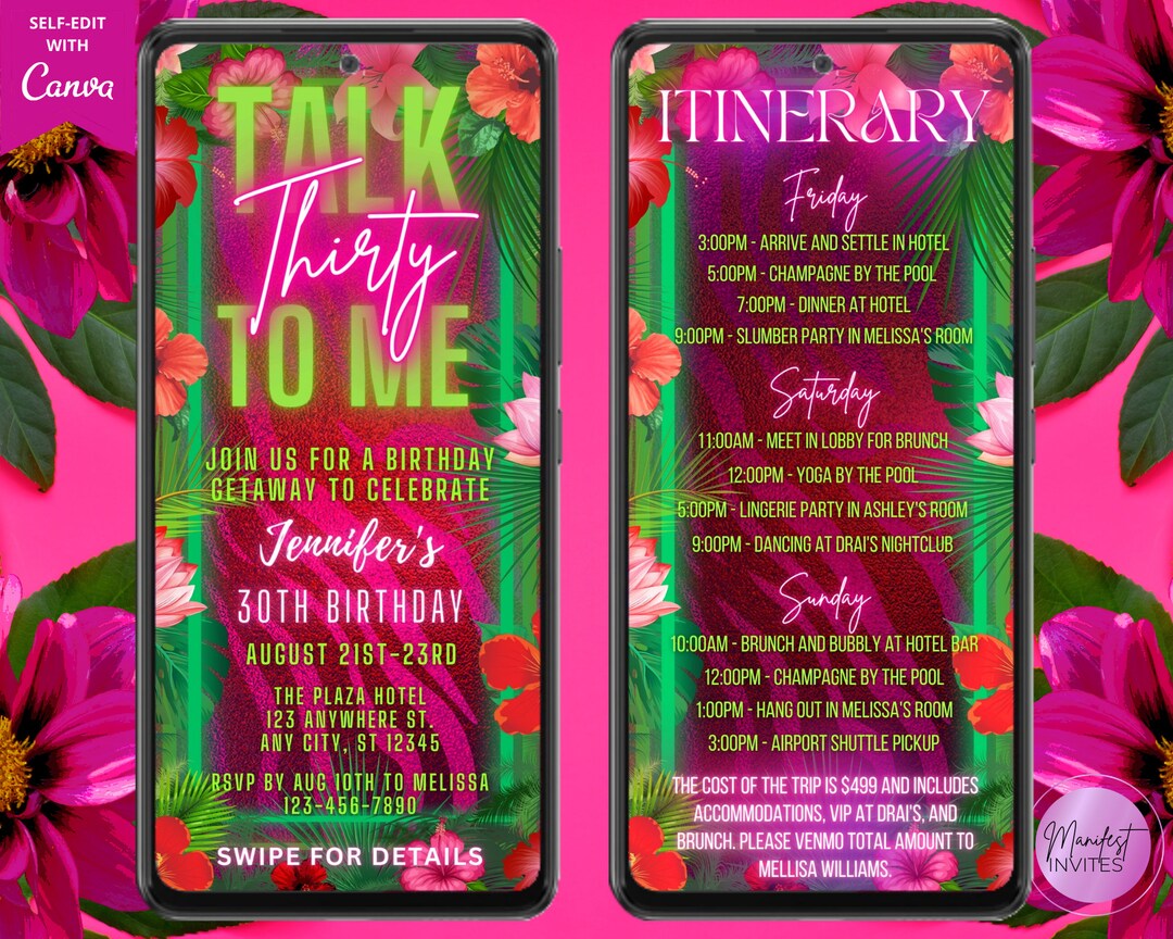 Digital Tropical Pink Talk Thirty to Me 30th Birthday Trip Weekend Itinerary Invite, 3 Day Evite ...