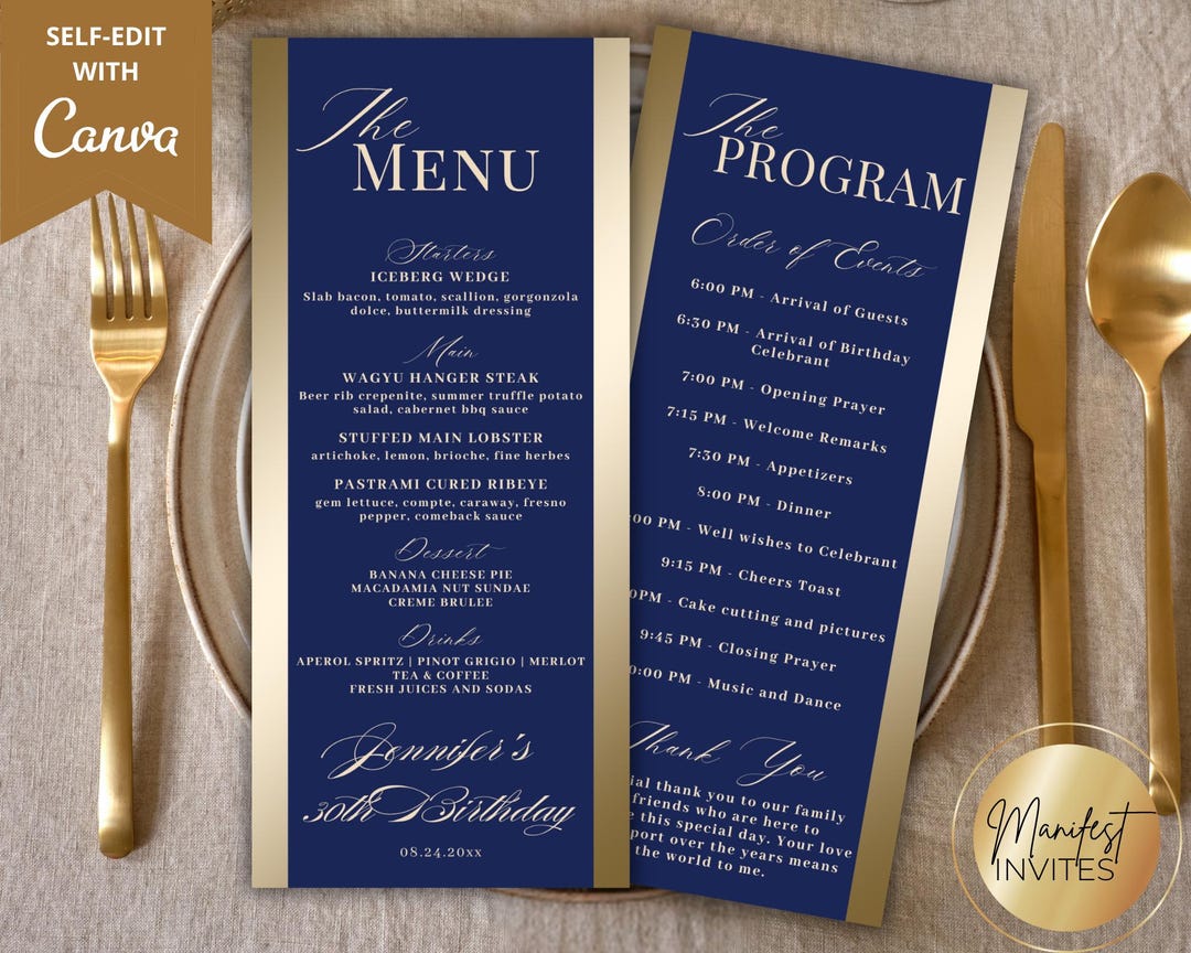 Editable Modern Blue Gold Menu and Event Program Card Template, Thank ...