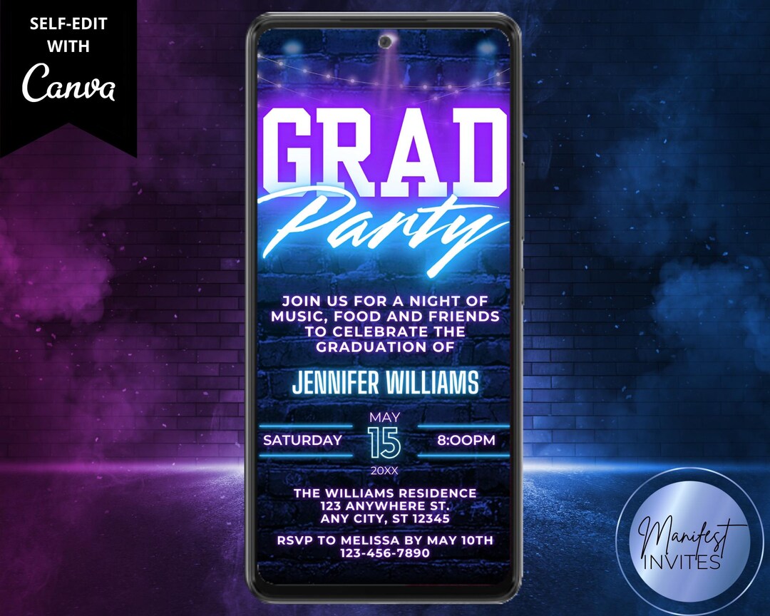 Digital Neon Graduation Party Invitation, Graduation Announcement ...