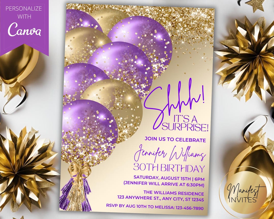 Editable Shhh It's a Surprise Birthday Party Invitation, Glam Purple ...