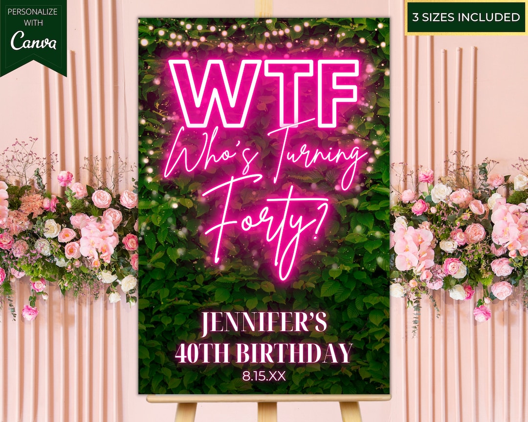 Editable WTF Who's Turning Forty 40th Birthday Party Welcome Sign, Pink ...