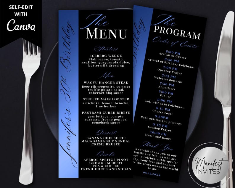 Editable Elegant Blue Menu Program and Thank You Card, Birthday Dinner ...