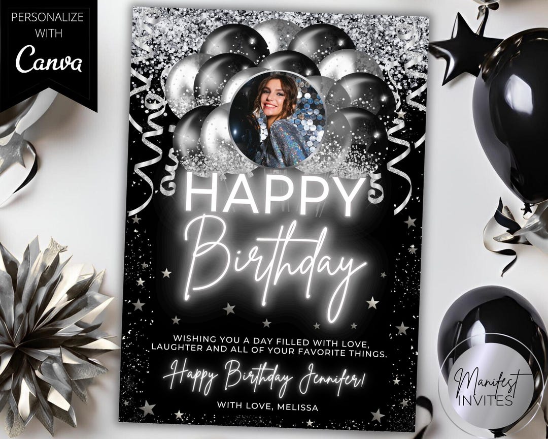Editable Glam Photo Happy Birthday Greeting Card, Neon Black Silver ...