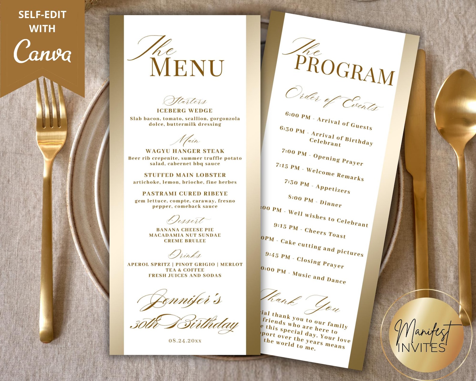 Editable Modern White Gold Menu and Event Program Card Template, Thank ...