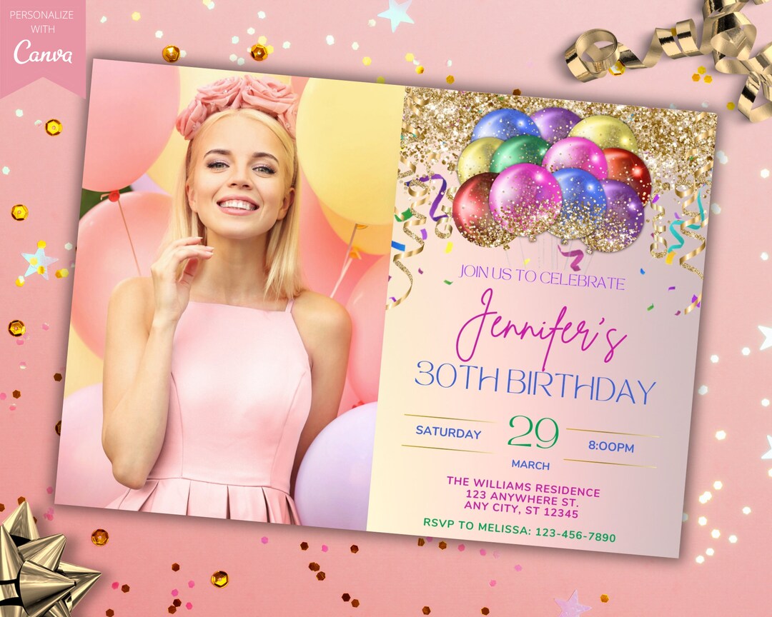 Editable Photo Rainbow Gold Glitter Balloons Birthday Party Invitation ...
