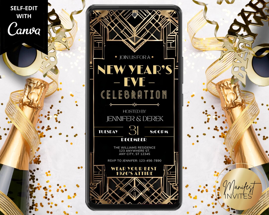 Digital Roaring 20s Gatsby Themed New Years Party Invitation, Art Deco ...