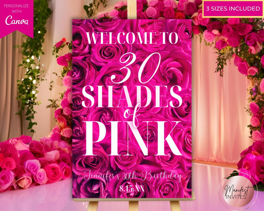 Editable Shades of Pink Birthday Party Welcome Sign, Pink Floral Roses ...