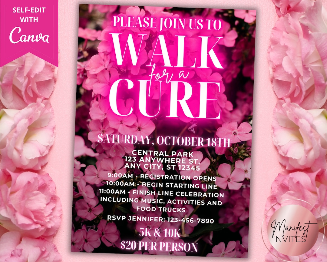 Printable Breast Cancer Walk for a Cure Invitation, Fundraiser Benefit ...