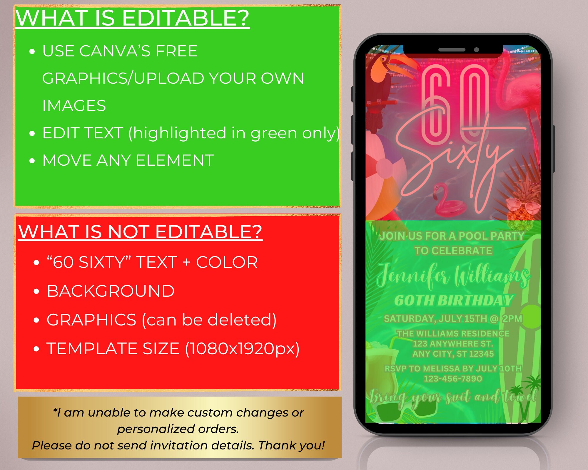 Digital Sixty 60th Birthday Pool Party Invitation, Tropical Luau Beach ...