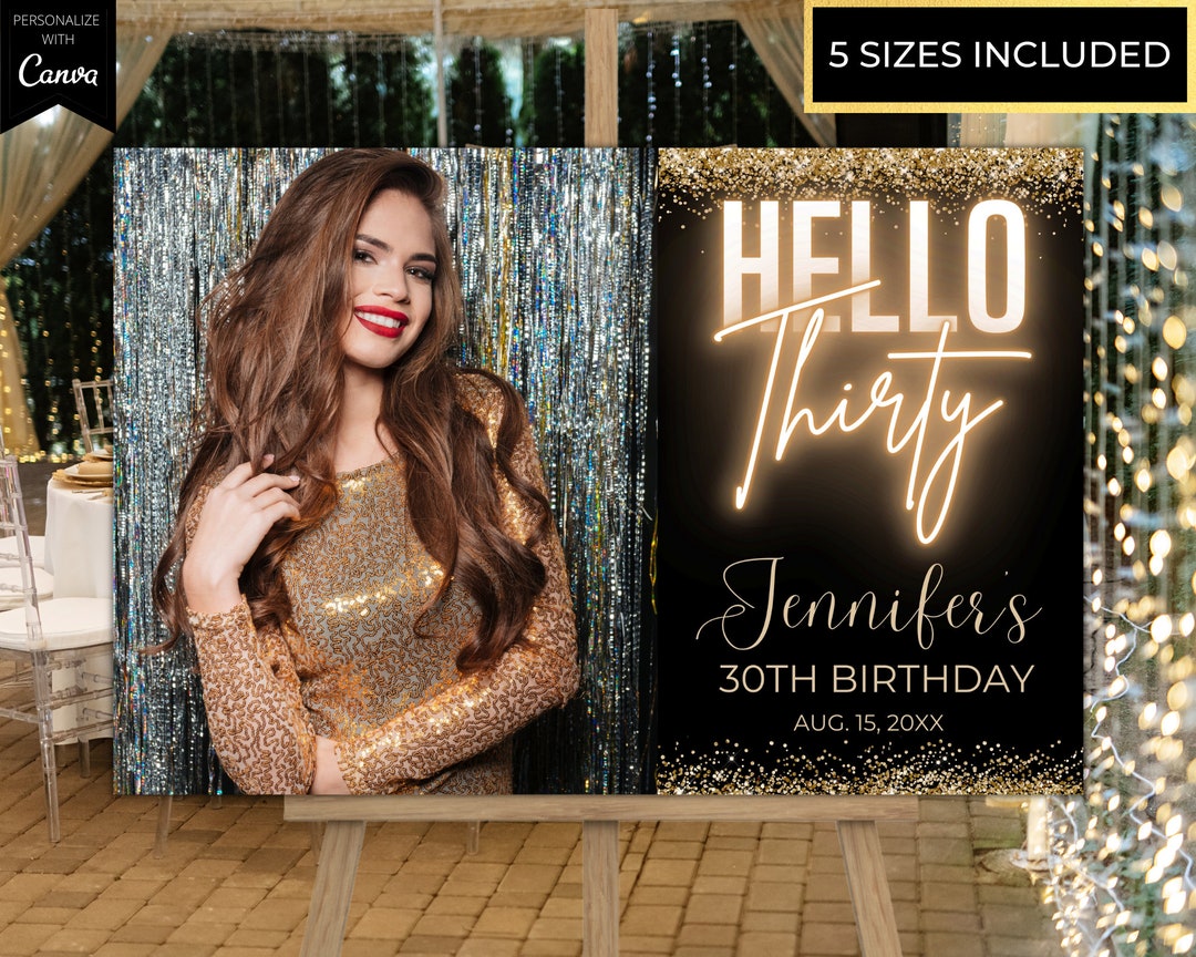 Editable Hello Thirty 30th Birthday Photo Template Welcome Sign, Gold ...
