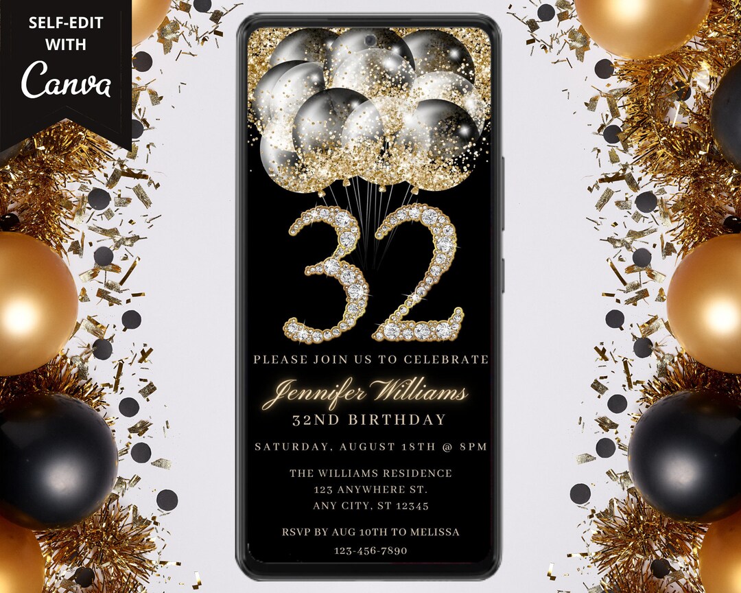Digital 32nd Birthday Party Invitation, Electronic Text Message Evite ...