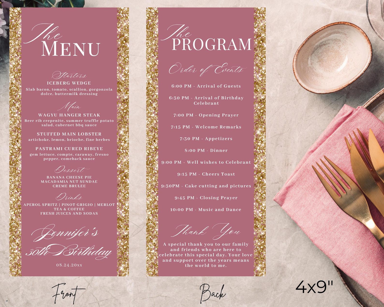 Editable Pink Gold Glitter Menu Program and Thank You Card, Glam ...