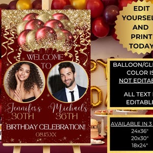 Editable Double Birthday Photo Red Gold Balloons Party Welcome Sign ...