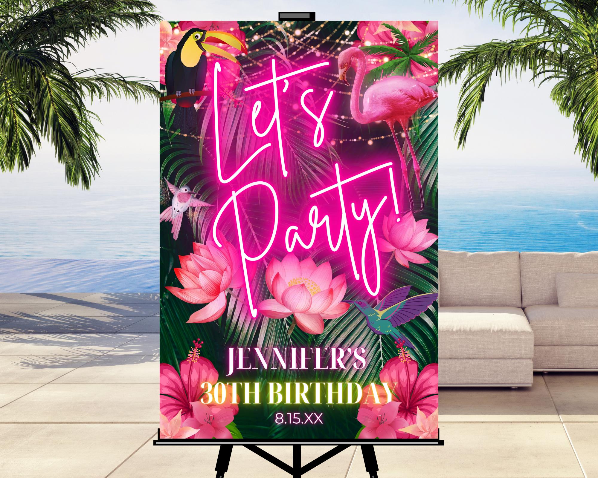 Editable Tropical Pink Neon Let's Party Welcome Sign Template, Hawaiian ...