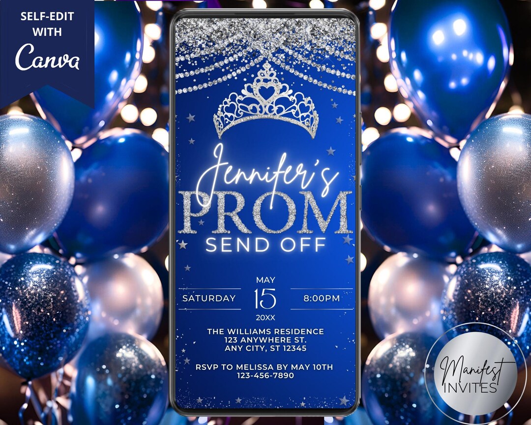Digital Prom Send off Blue Silver Crown Diamonds Party Invitation ...