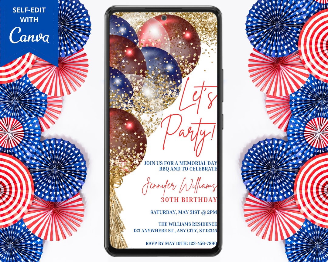 Digital Patriotic Birthday Party Invitation, Electronic Text Evite ...