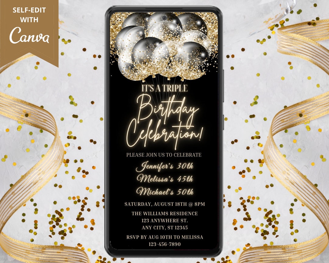 Digital Triple Birthday Party Invitation, Electronic Phone Text Message ...