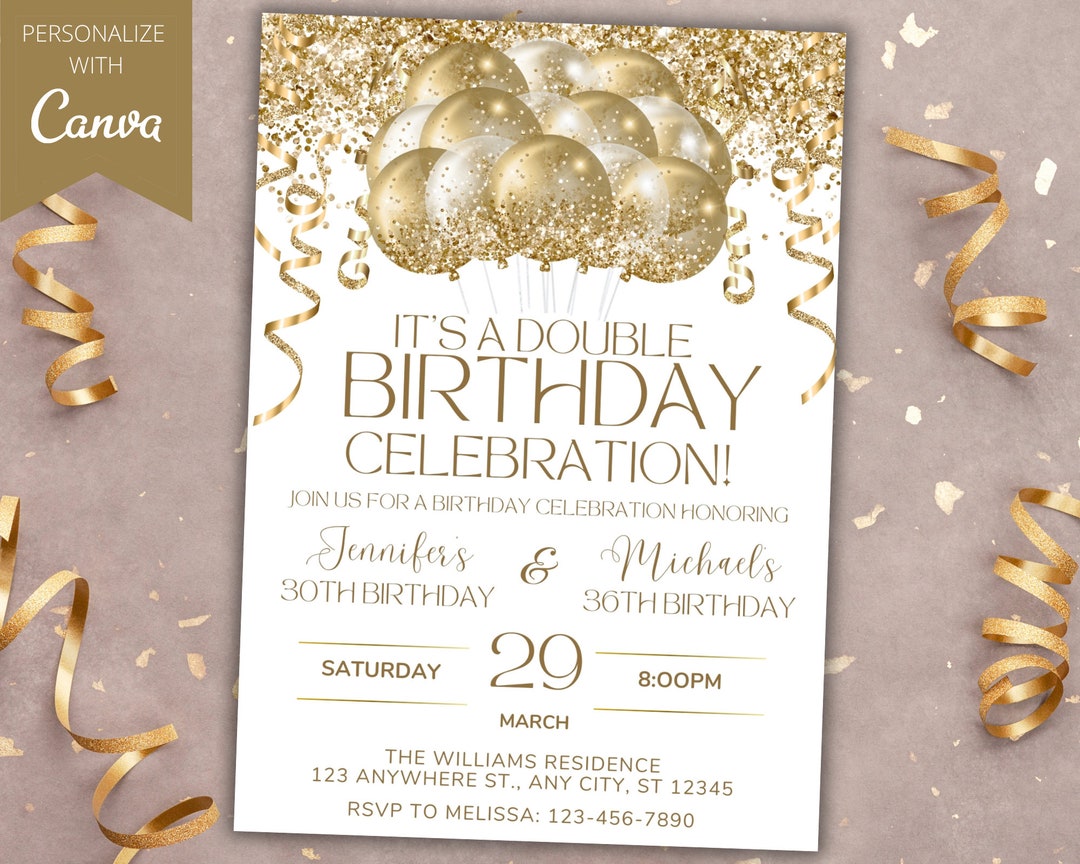 Editable Joint Double Birthday Party White Gold Glitter Balloons ...