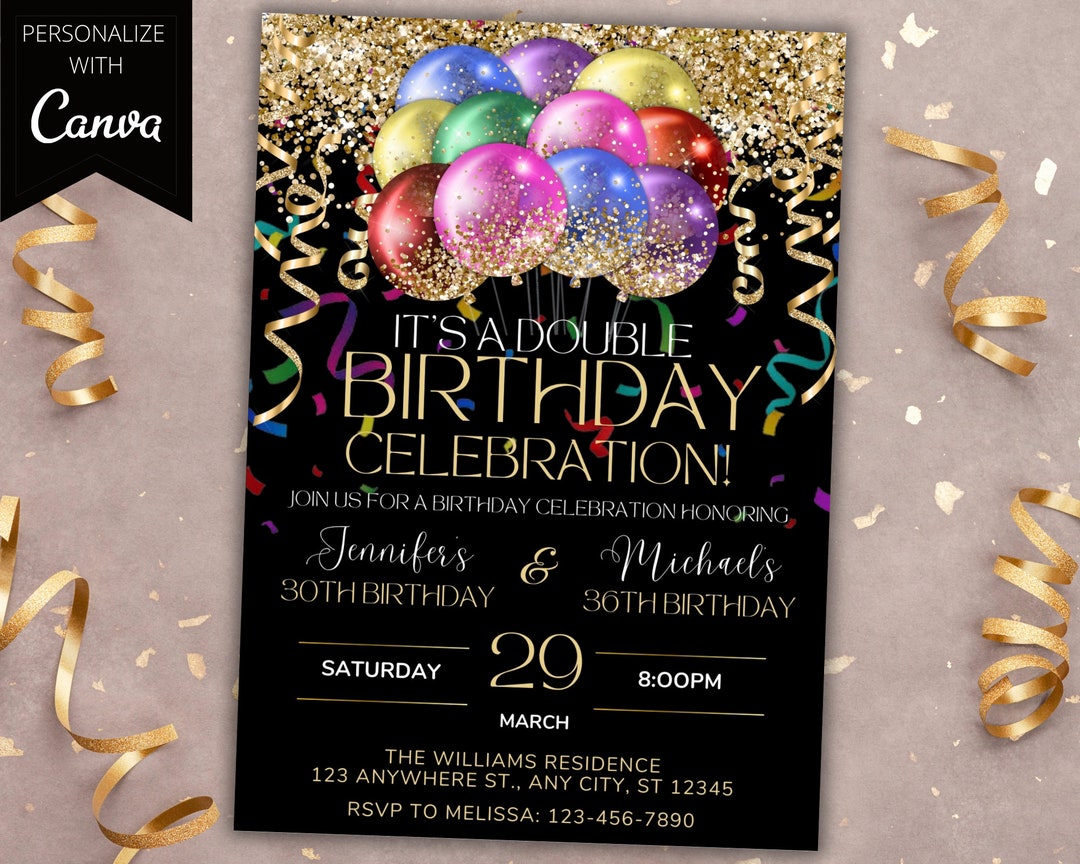 Editable Joint Double Birthday Party Rainbow Gold Glitter Balloon ...