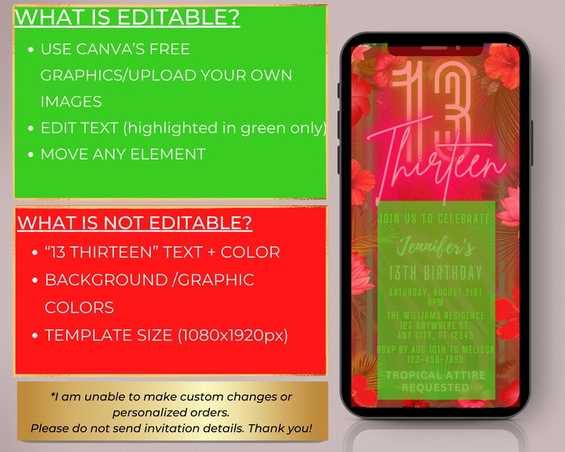 Digital Tropical Pink Floral Thirteen 13th Birthday Party Invitation ...