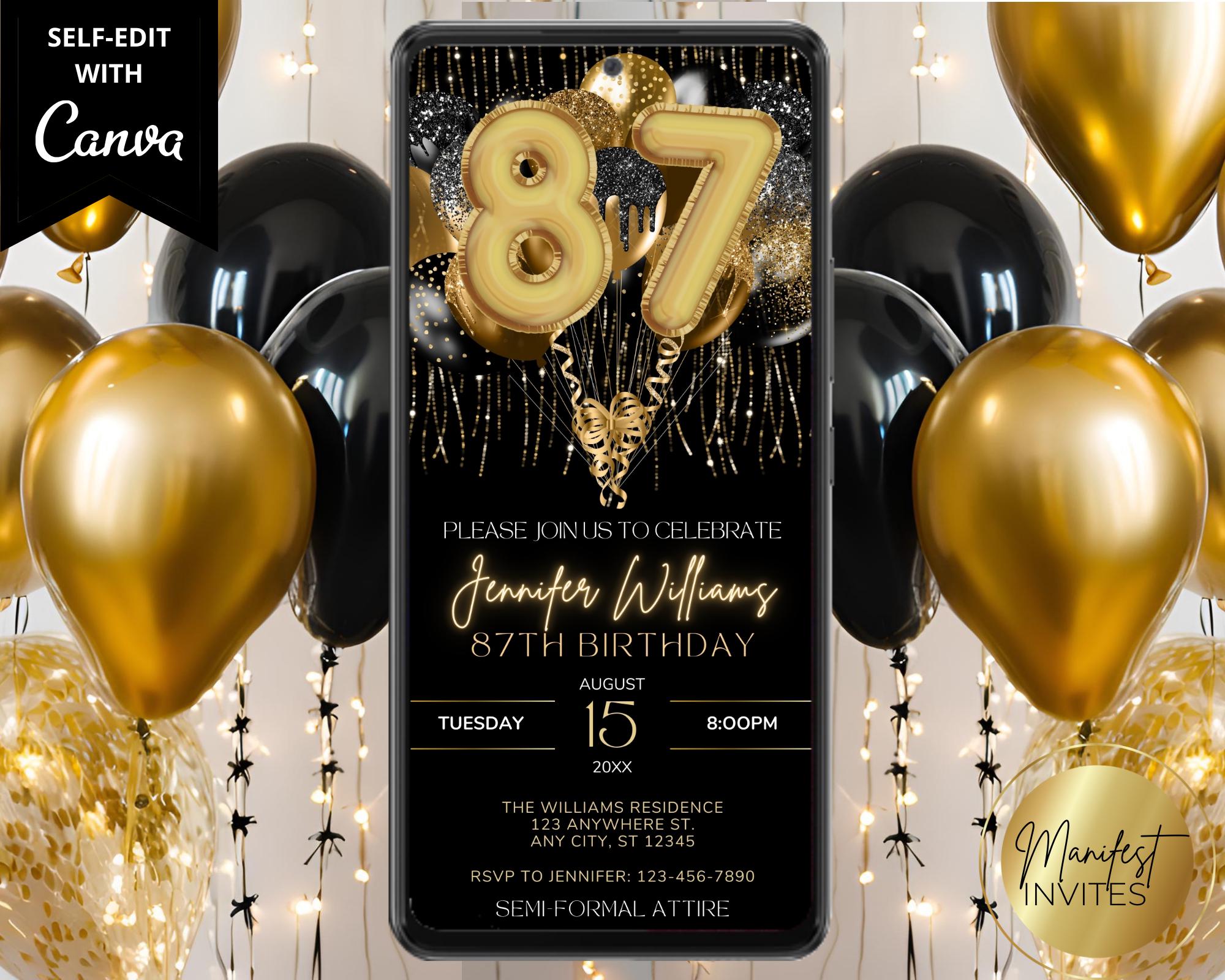 Digital 87th Birthday Party Invitation, Black and Gold Balloons, Adult ...