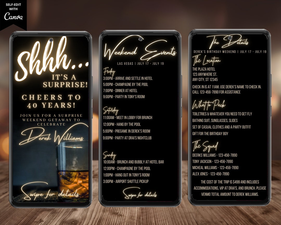 Digital Men's Surprise Birthday Weekend Schedule Itinerary Invitation ...