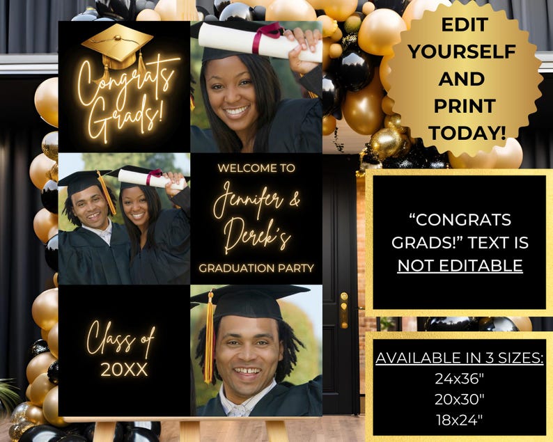 Editable Modern Black Gold Double Graduation Party Welcome Sign Photo ...