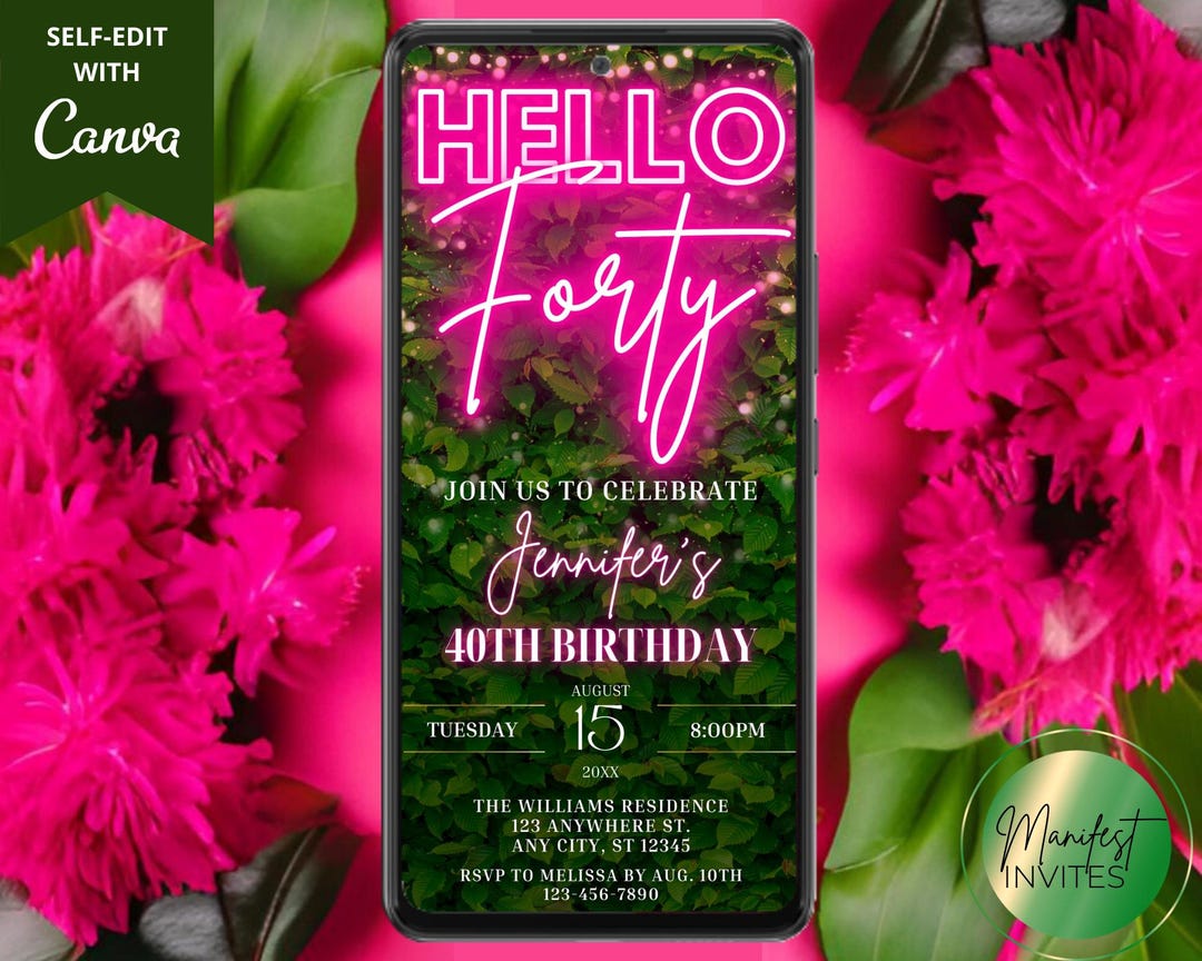 Digital Hello Forty 40th Birthday Pink Neon Greenery Party Invitation ...