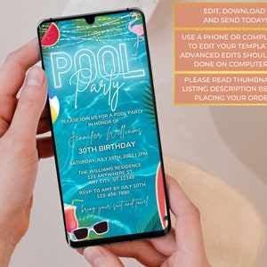 Digital Pool Birthday Party Invitation, Electronic Pool Party Invite ...