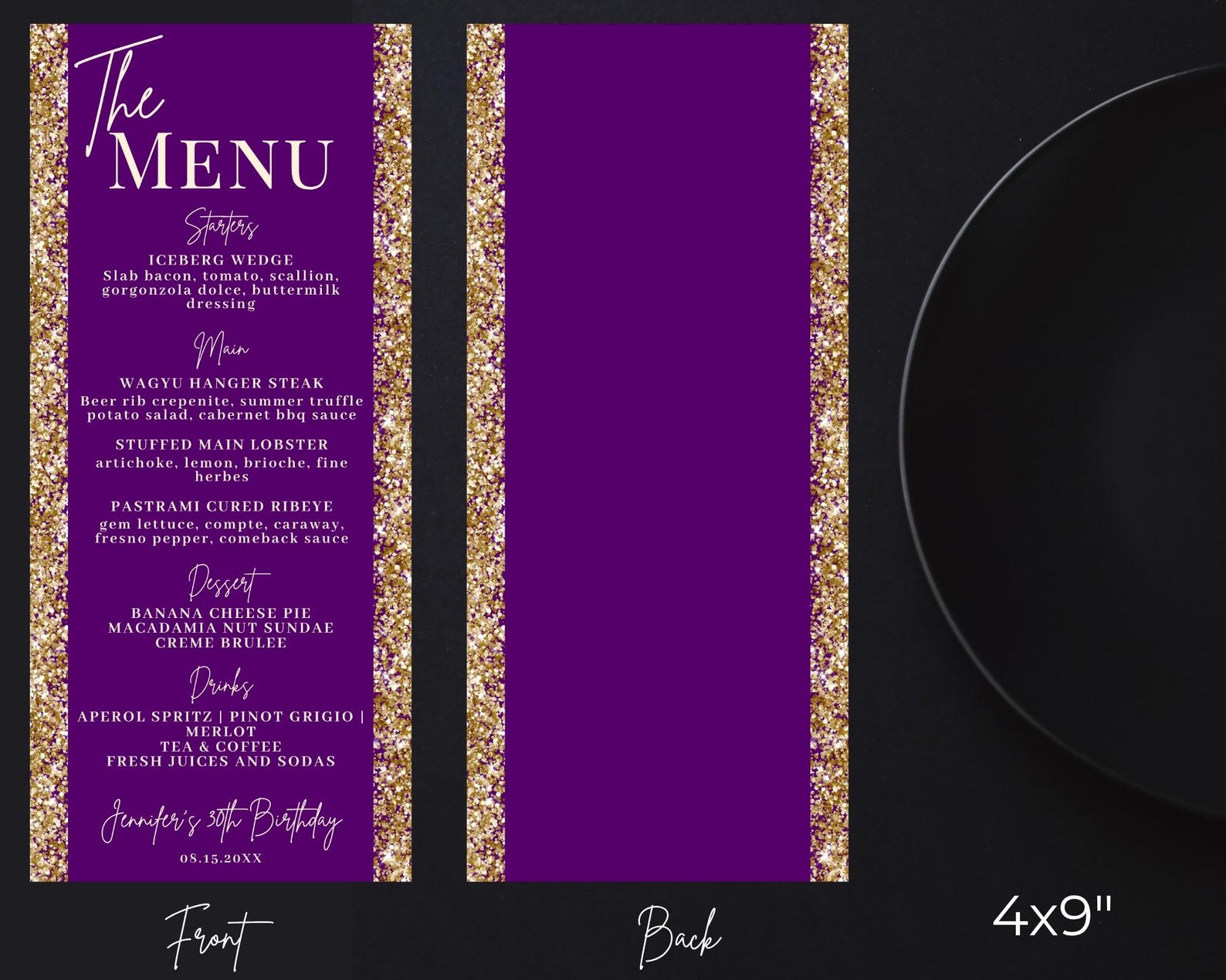 Editable Glam Purple Gold Glitter Dinner Menu and Drink Card, Printable ...