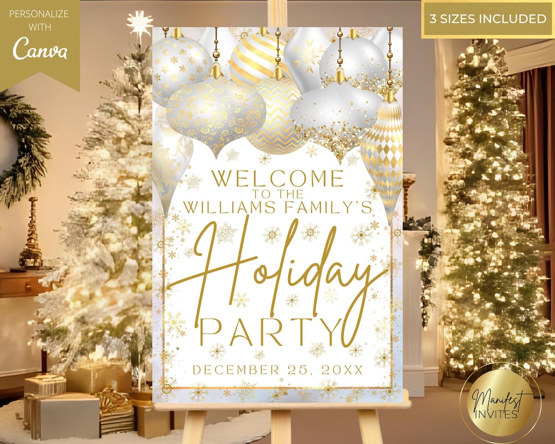 Editable Elegant Holiday Party Welcome Sign, Xmas Christmas Party Decor ...