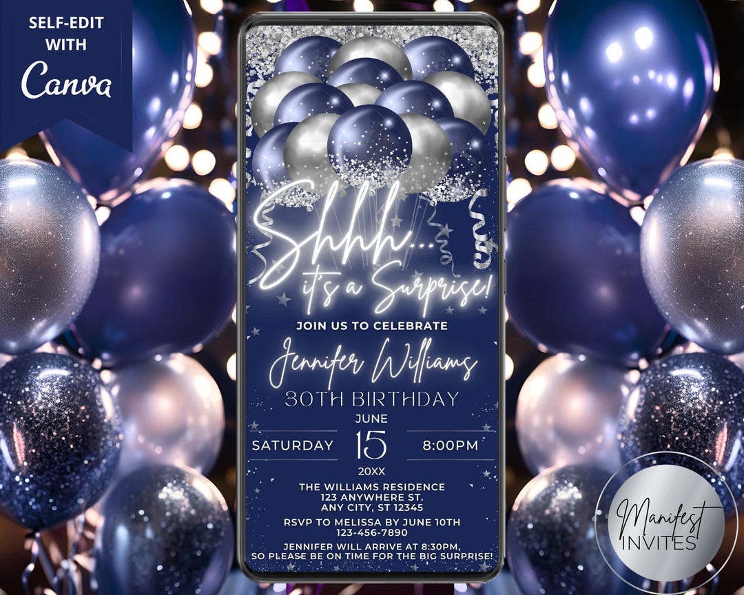 Digital Shhh It's a Surprise Blue Silver Glitter Balloons Birthday ...