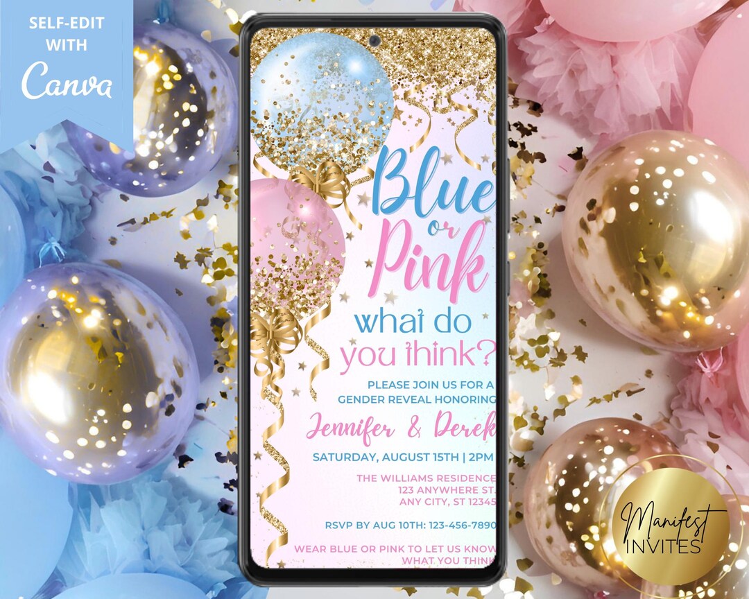 Digital Blue or Pink What Do You Think Balloon Gender Reveal Invitation ...