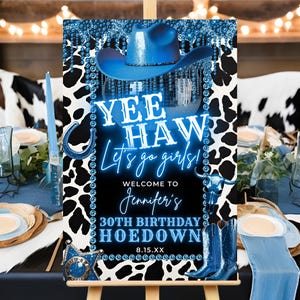Editable Blue Disco Cowgirl Birthday Hoedown Welcome Sign, Western Glam ...