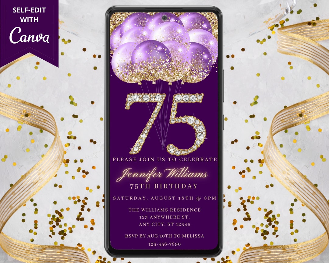 Digital 75th Birthday Party Purple Gold Invitation, Electronic Phone ...