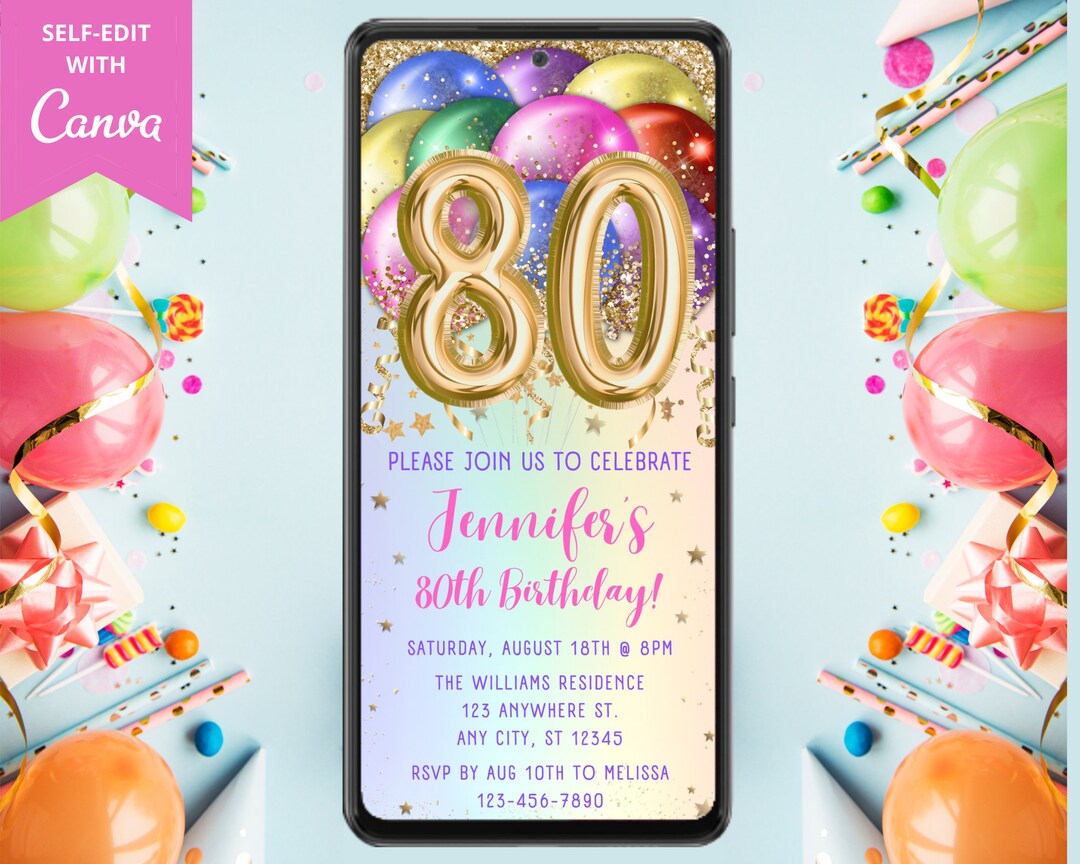 Digital 80th Birthday Party Rainbow Balloons Invitation, Electronic ...