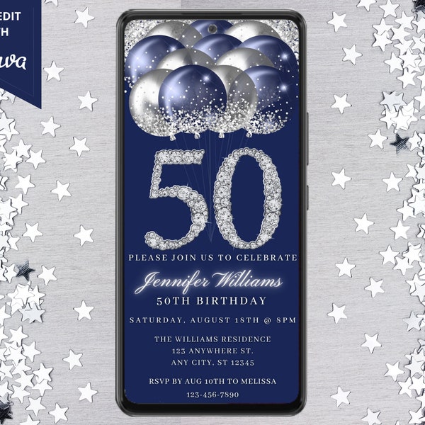 50th Silver and Blue Birthday Invitations - Etsy