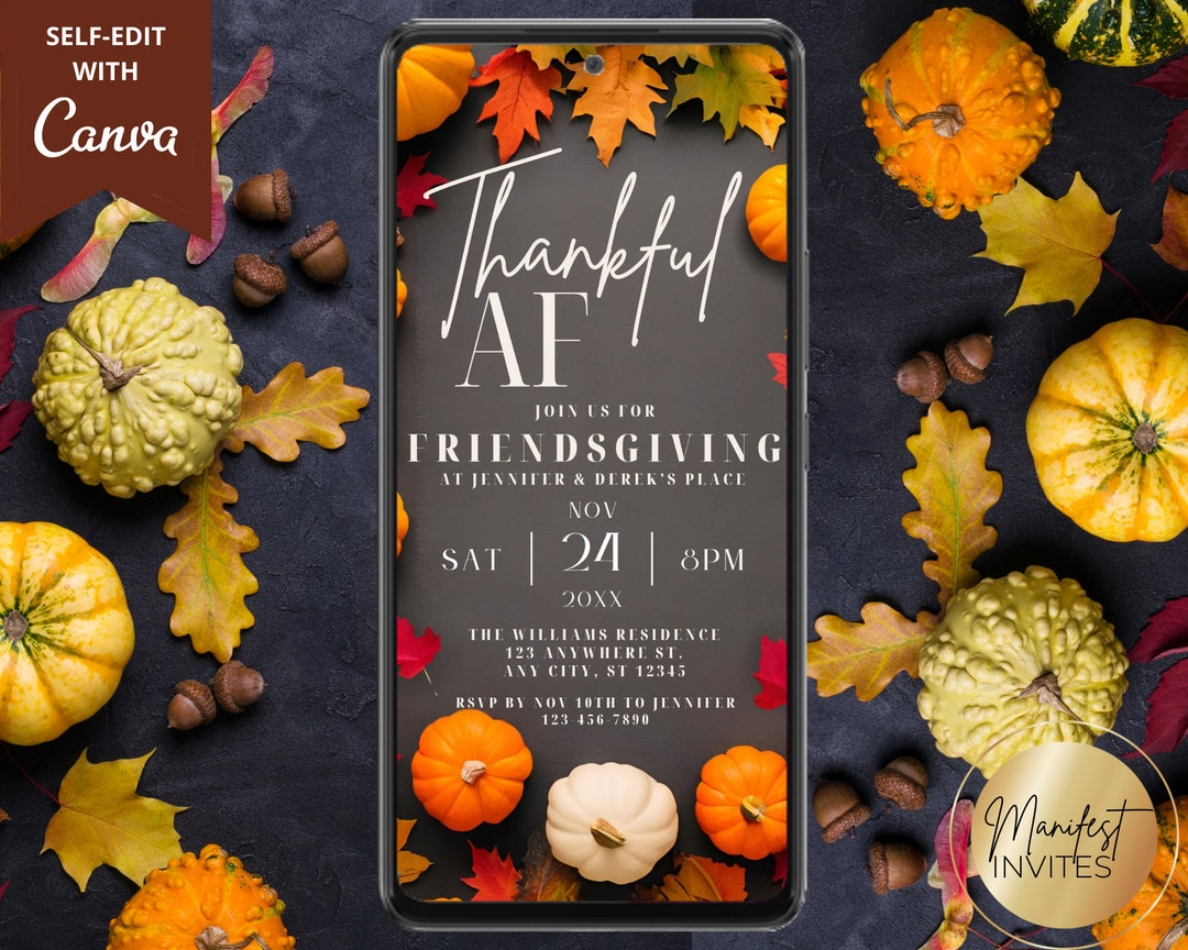 Electronic Funny Thankful AF Friendsgiving Dinner Invite, Thanksgiving ...
