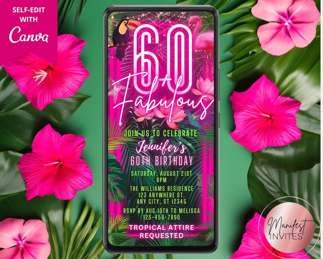 Digital 60 and Fabulous 60th Birthday Tropical Pink Neon Party ...