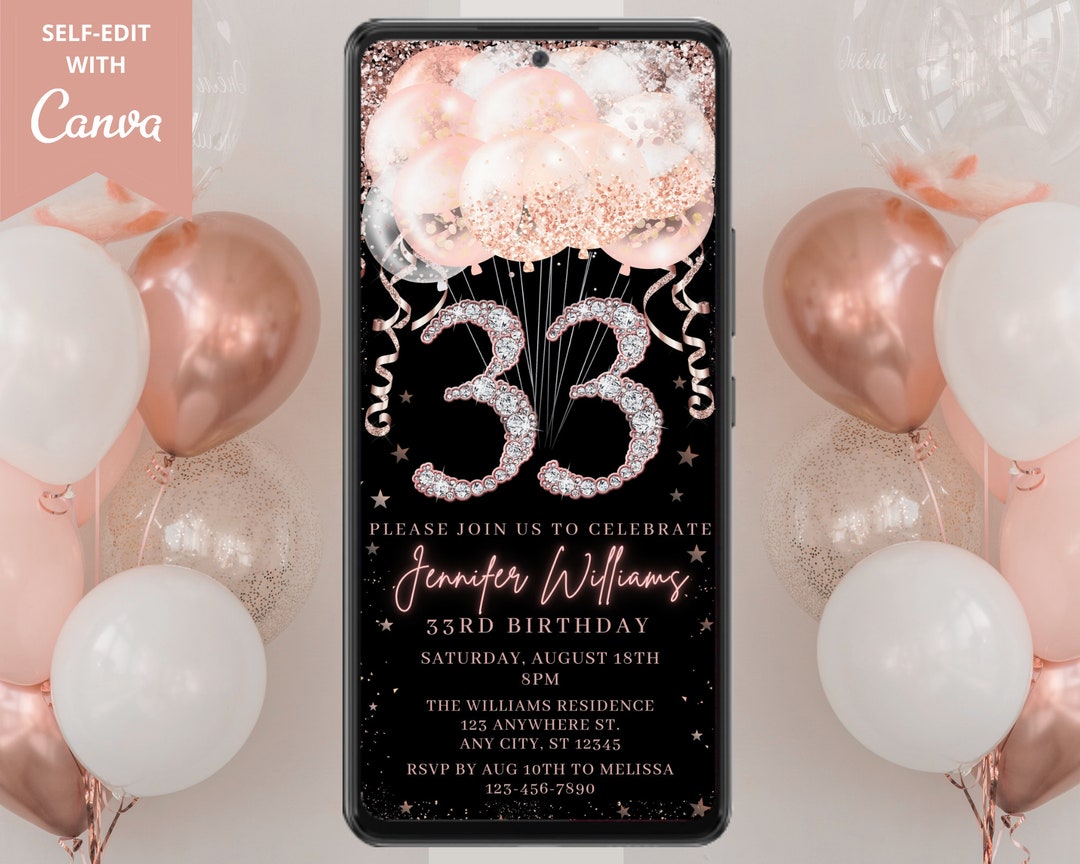Digital 33rd Birthday Pink Rose Gold Diamond Balloons Party Invitation ...