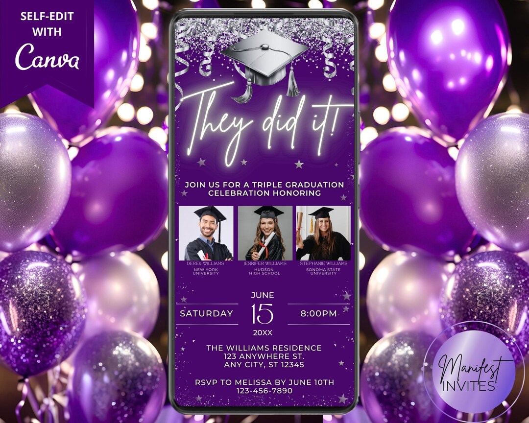 Digital Triple Graduation Party Purple Silver Photo Invitation, They ...