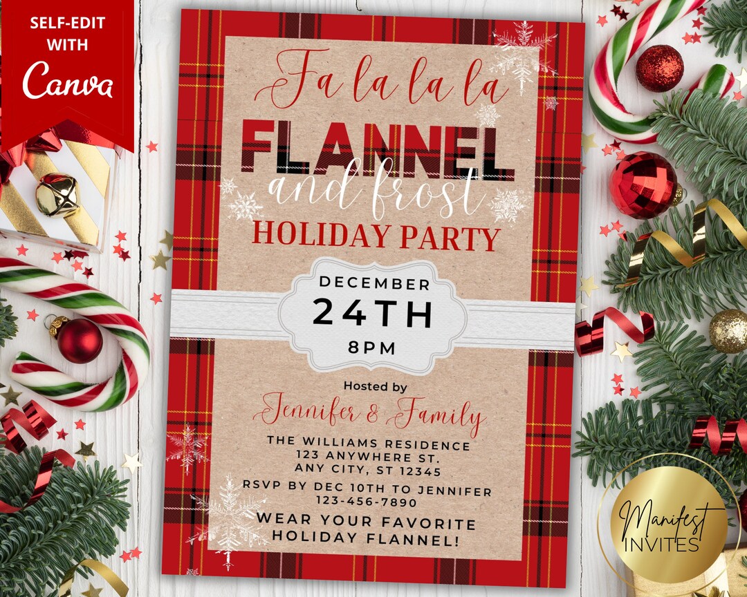 Editable Flannel and Frost Christmas Holiday Party Invitation Template ...