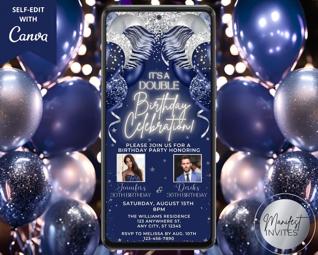 Digital Joint Double Birthday Party Photo Invitation, Blue Silver ...