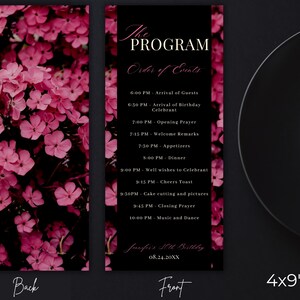 Editable Pink Floral Birthday Event Program Card Template, Birthday ...